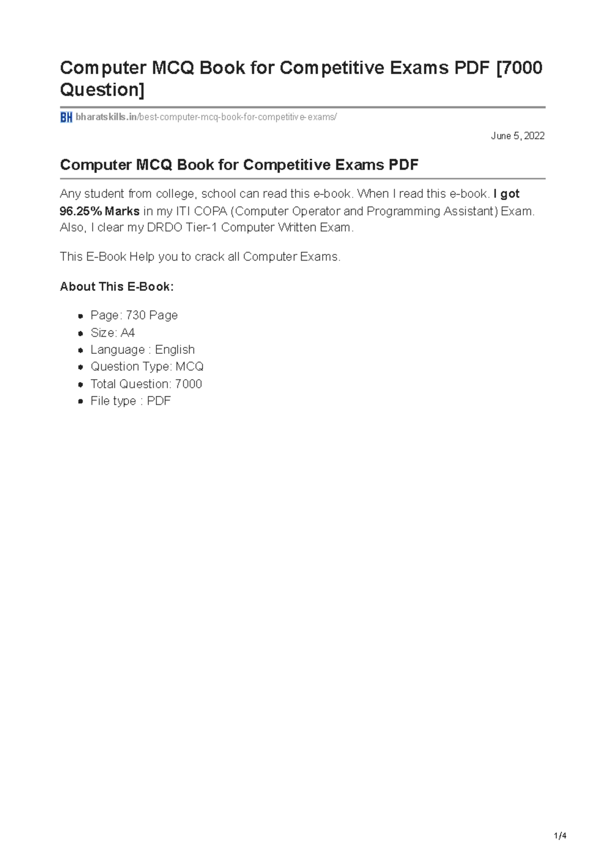 Computer MCQ Book for Competitive Exams PDF - 730 Questions - Studocu