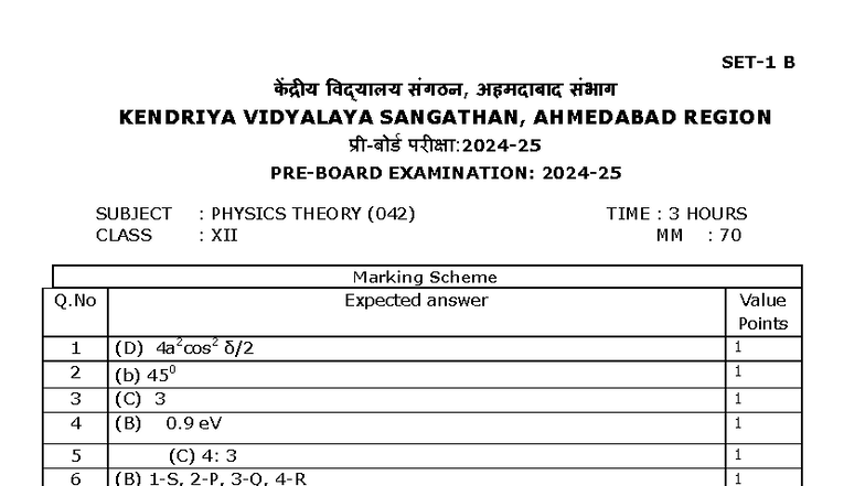 Physics XII Theory Exam (042) Answer Key - 2024-25 Set 1B - Studocu