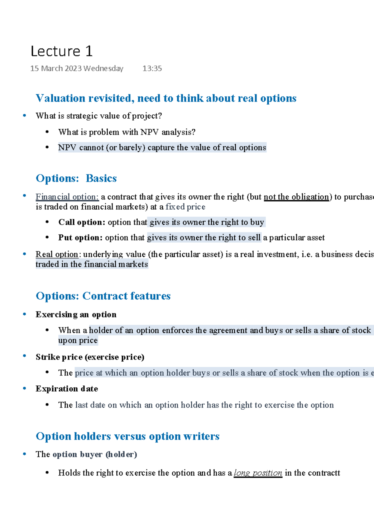 Lecture 1 week7 - my own notes - Valuation revisited, need to think ...