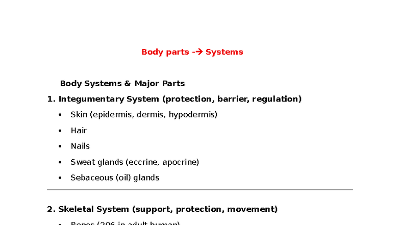 Body Systems and Major Parts Overview: Anatomy Guide - Studocu