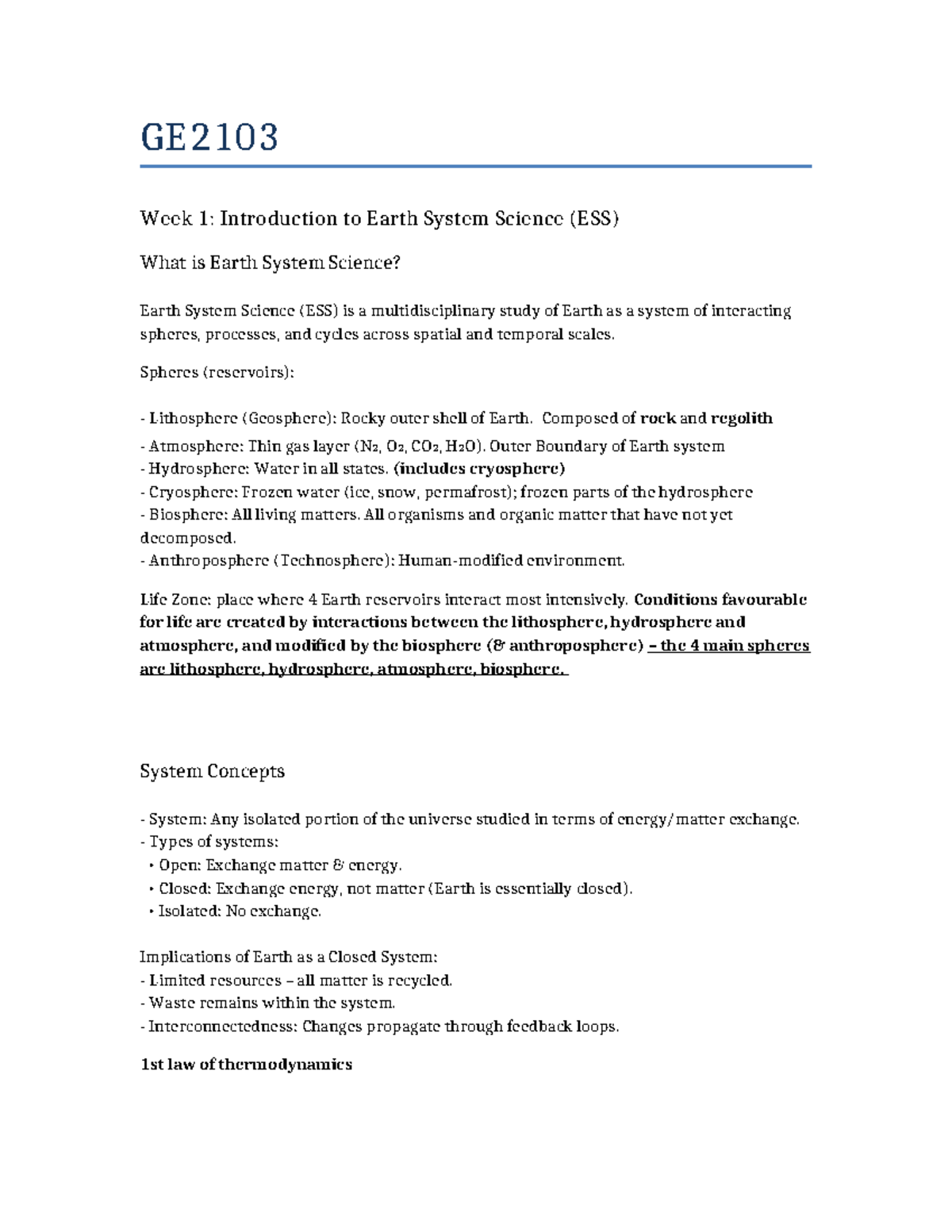 GE2103 Lecture Notes: Introduction to Earth System Science - Studocu