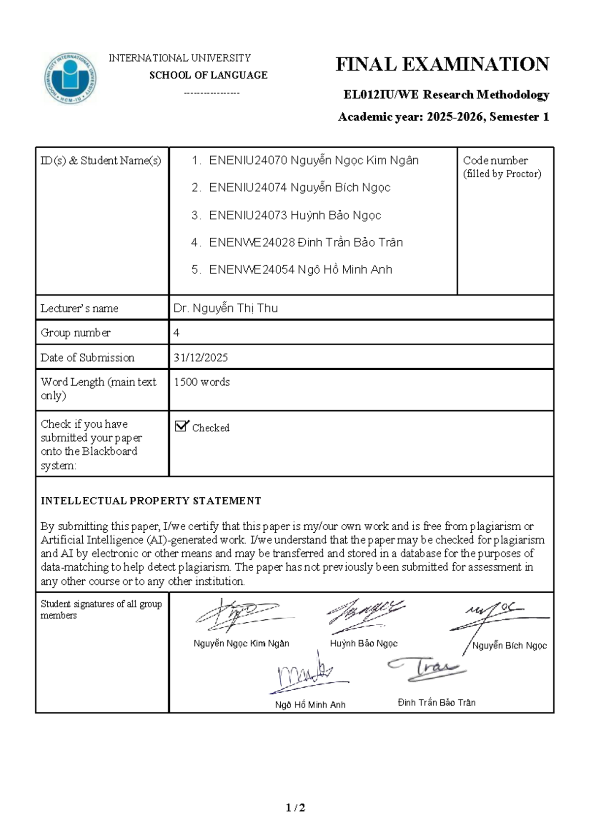 EL012IU Final Exam Cover Page & Marking Form - Research Methodology ...
