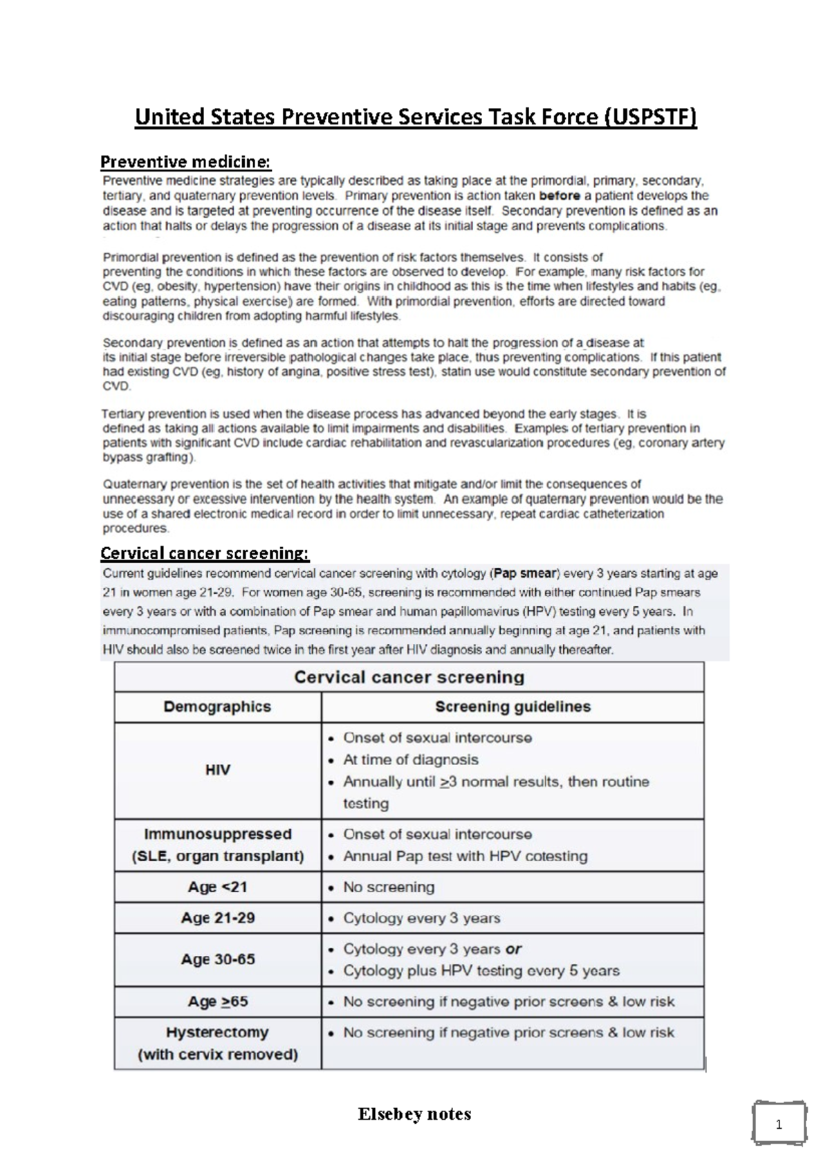 USPSTF Recommendations for Preventive Screening: Elsebey Notes - Studocu