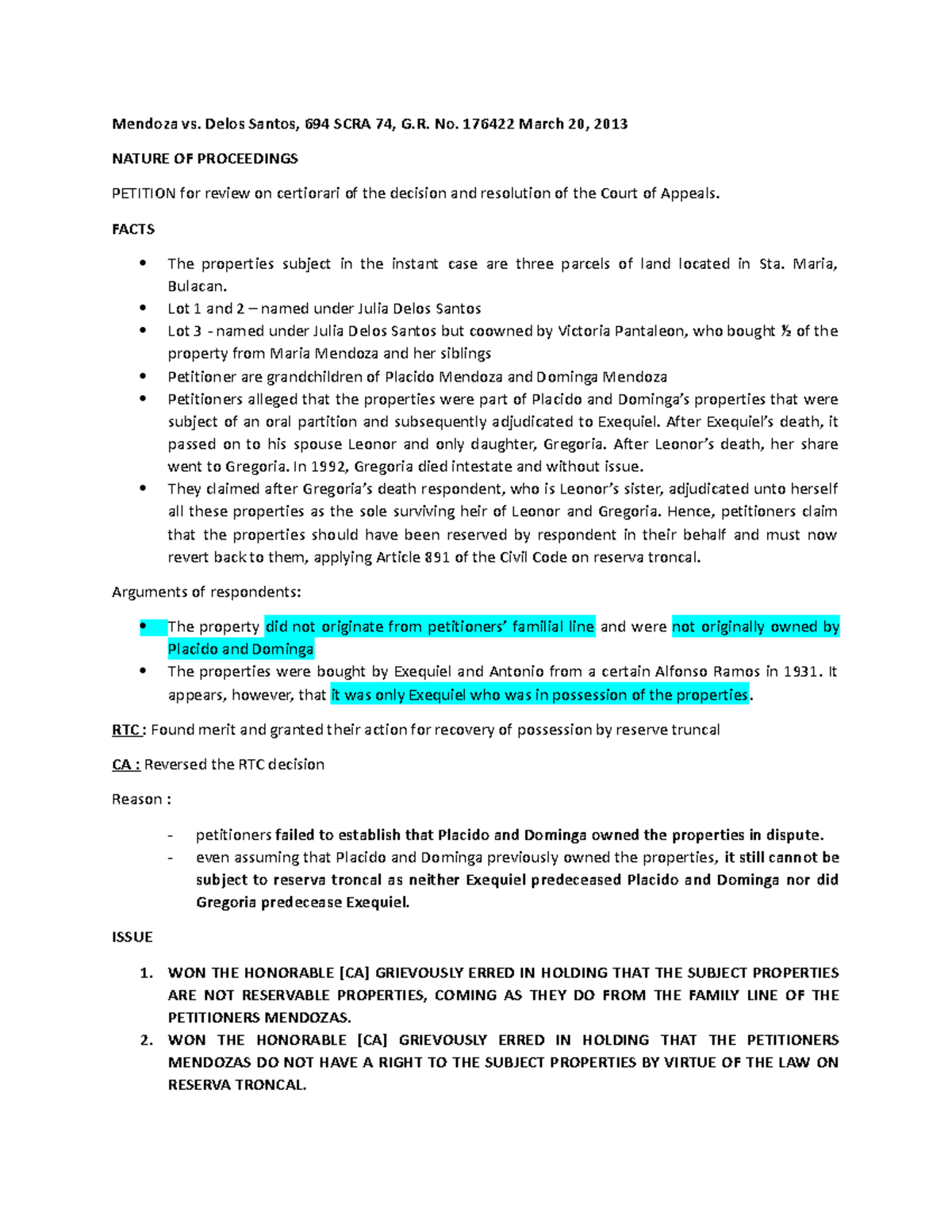 Mendoza vs. Policarpio - CASE DIGEST on Reserva Troncal Law - Studocu
