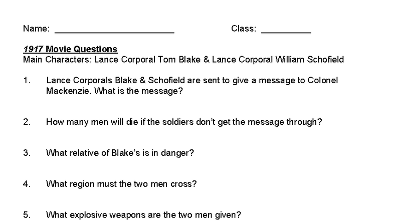 1917 Movie Questions: Key Characters & Plot Insights - Studocu