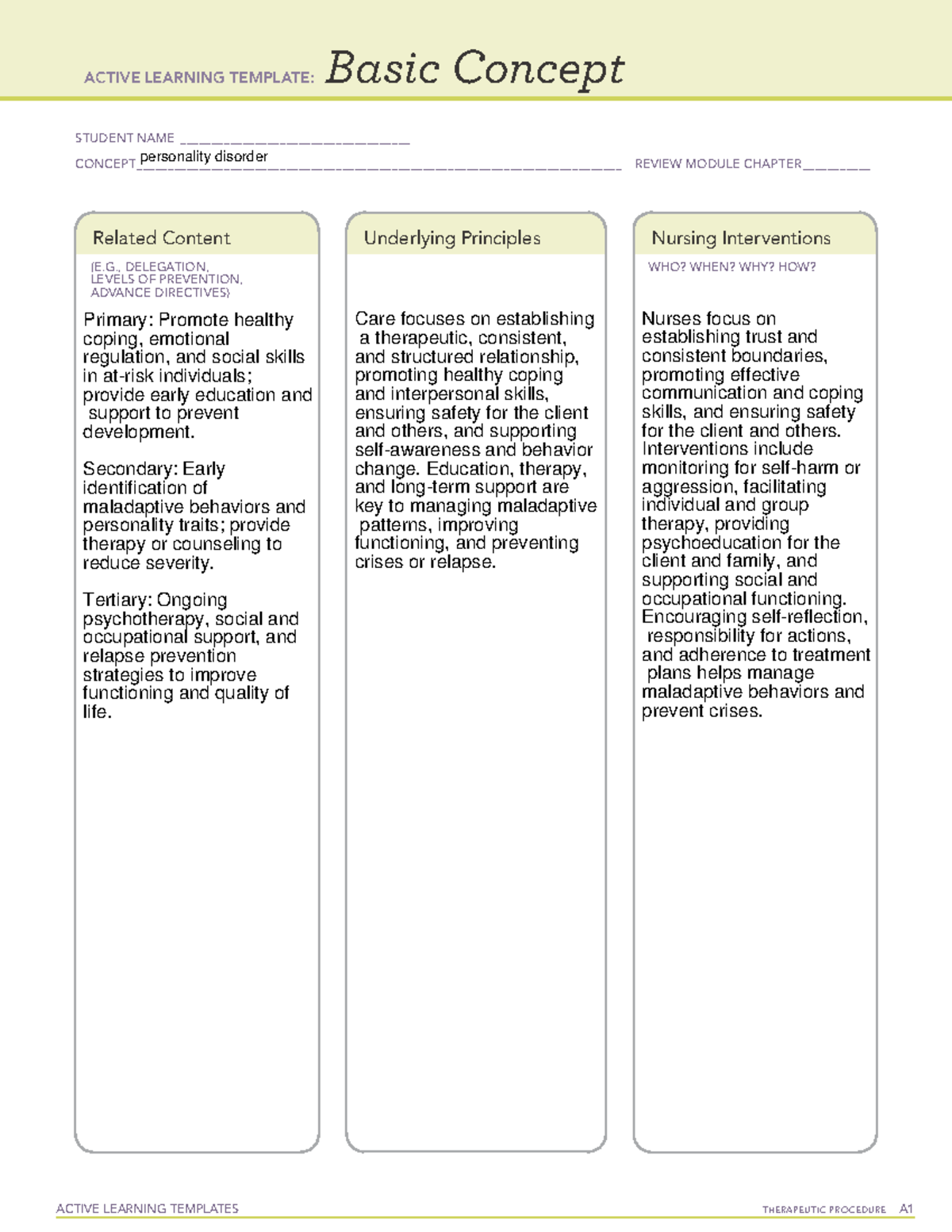 ACTIVE LEARNING TEMPLATE: Personality Disorder Interventions - Studocu