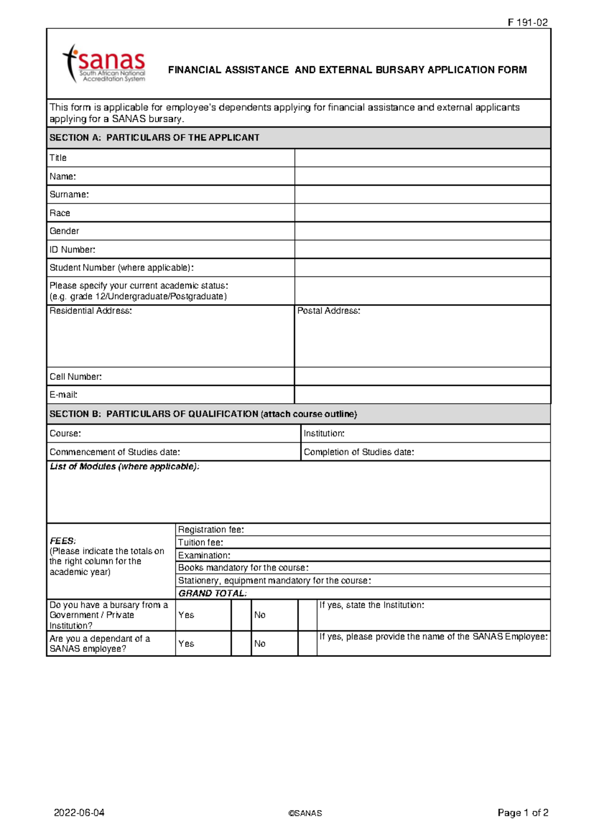 F 191 - Financial Assistance & External Bursary Application Form - Studocu
