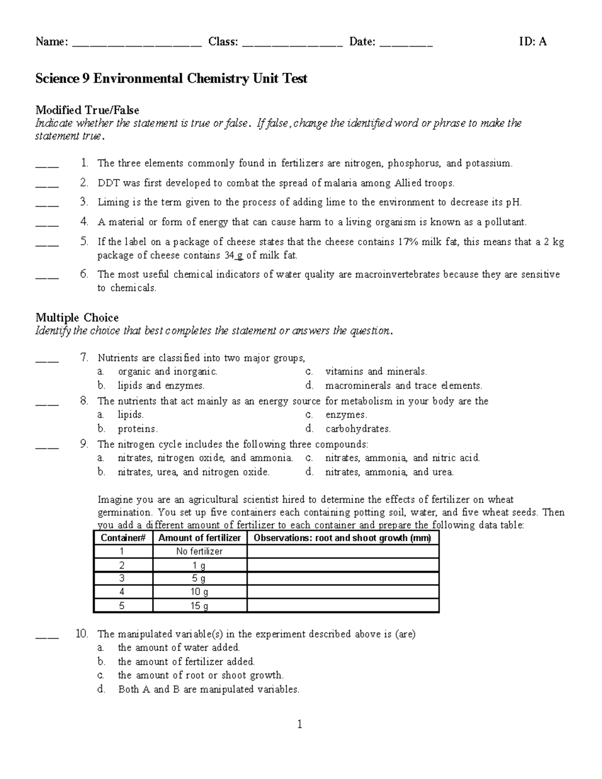 Science 9 Enviro Chem Final Exam Practice Test - Studocu