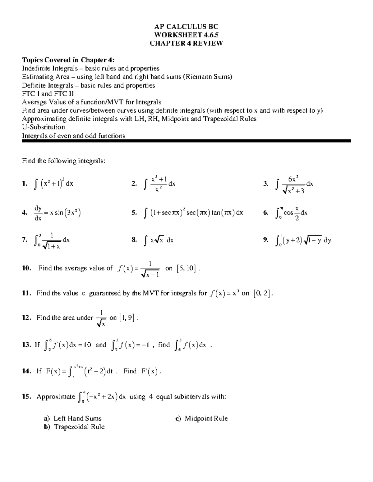 Worksheet 4 - AP CALCULUS BC WORKSHEET 4. CHAPTER 4 REVIEW Topics ...