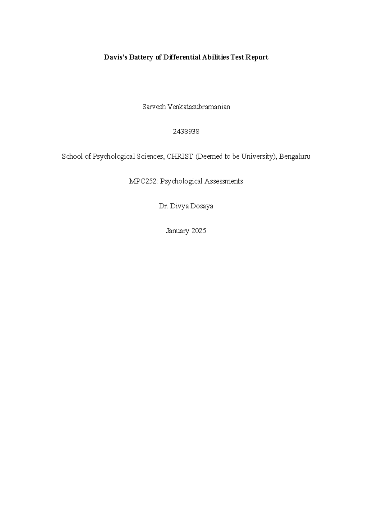 DBDA Report: Cognitive Abilities Assessment in MPC252 Course - Studocu