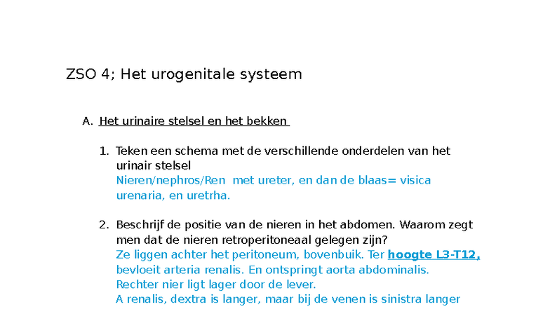 ZSO 4 Urogenitale Systeem: Anatomie en Functies van Urinair Stelsel ...