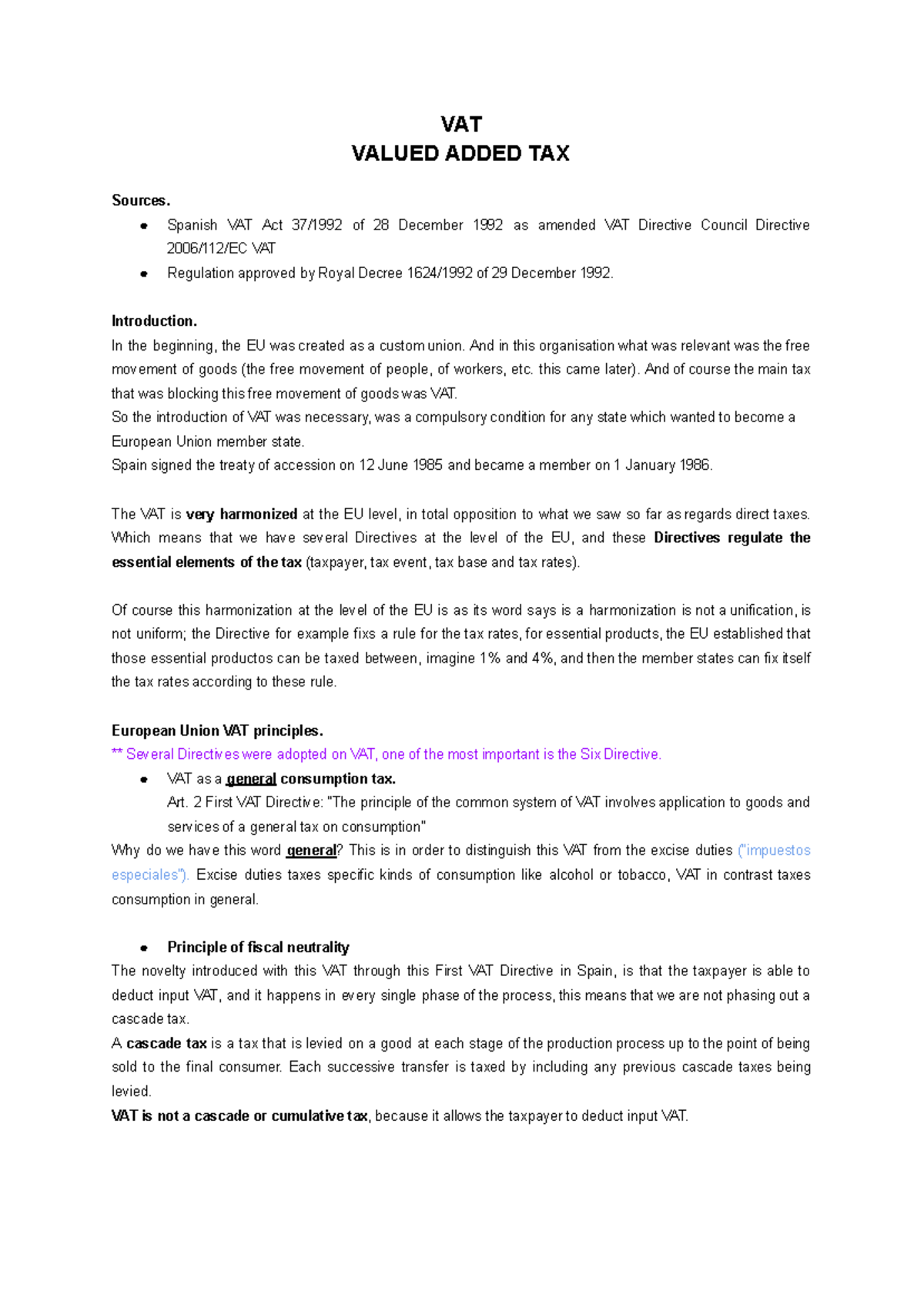 VAT - Value Added Tax Overview and Spanish Legislation Analysis - Studocu