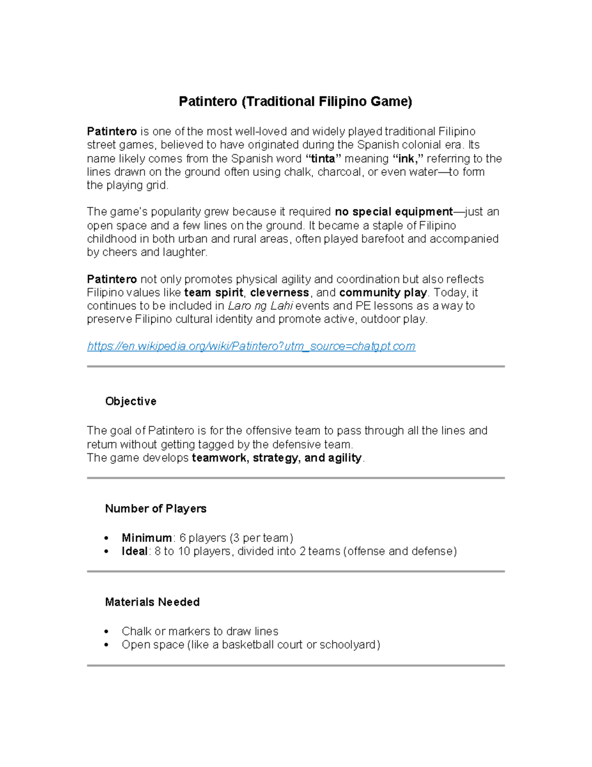Patintero (Traditional Filipino Game) Guide for PE Lessons - Studocu