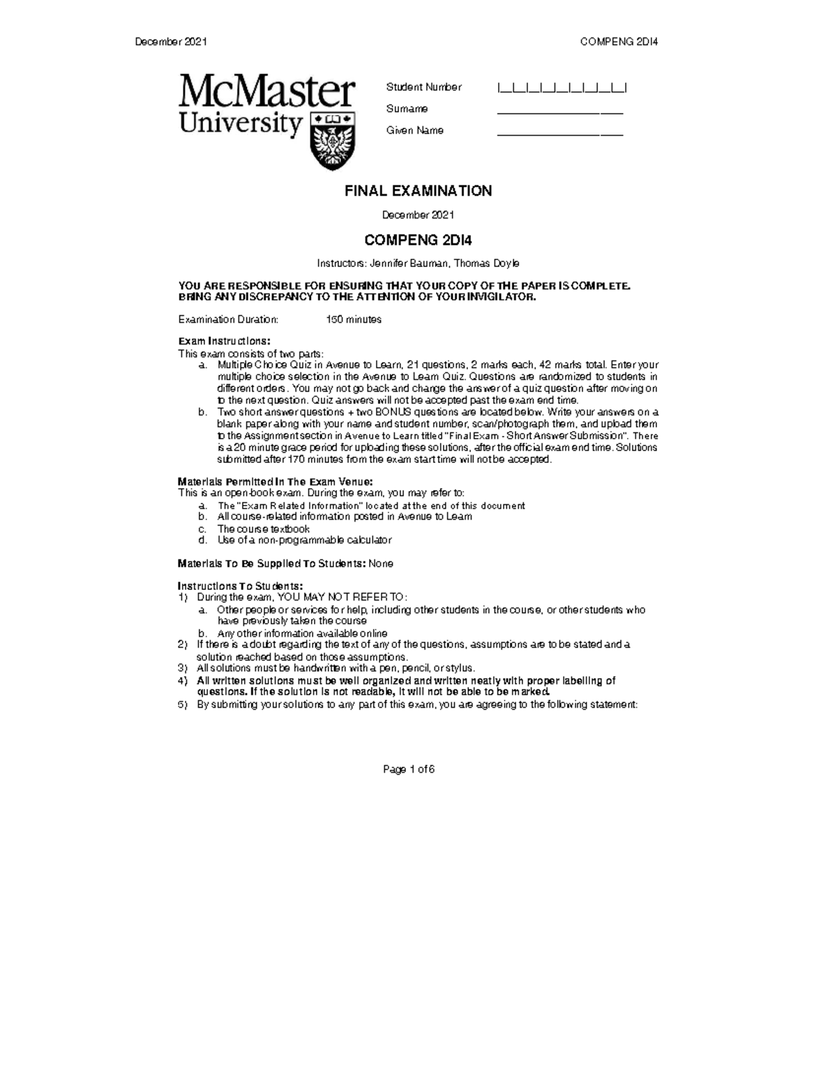 COMPENG 2DI4 Final Exam December 2021 - Short Answer Guide - Studocu
