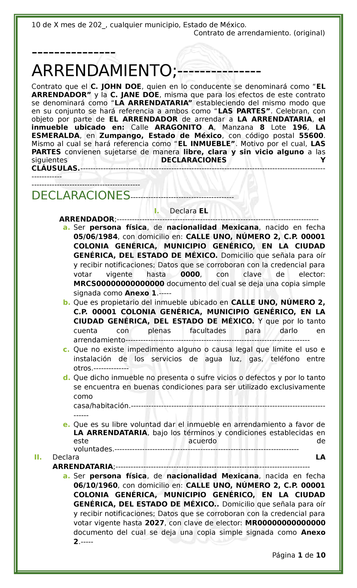 Contrato de Arrendamiento Genérico - Estado de México - Studocu