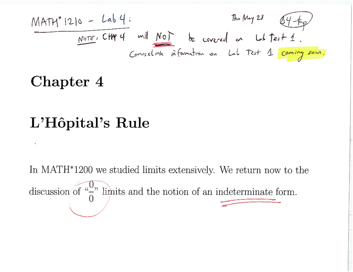 1210 Lab 4: L'Hôpital's Rule and Indeterminate Forms - Studocu
