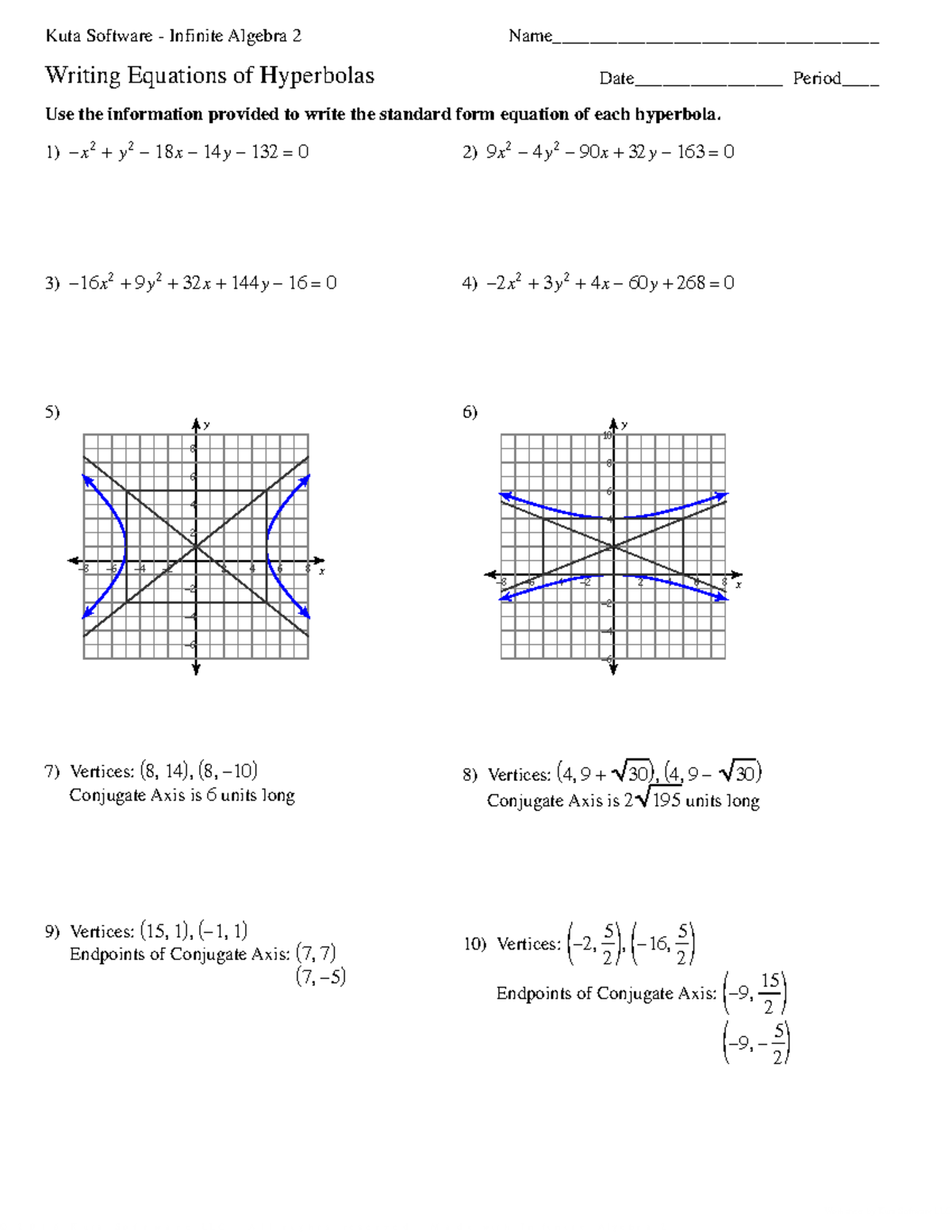 Kuta Software Infinite Algebra 2 Hyperbola Equations Worksheet - Studocu