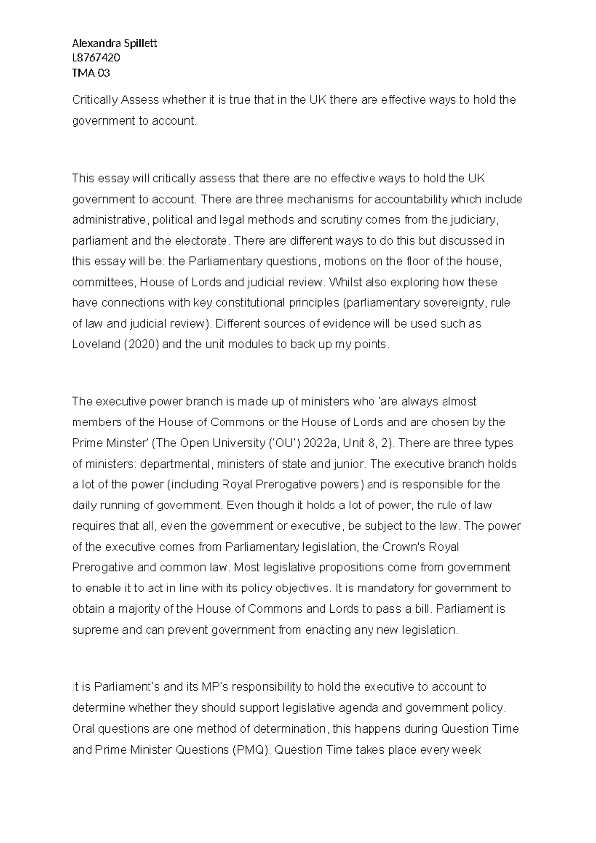 TMA 03 - Essay on Government Accountability in the UK - Studocu