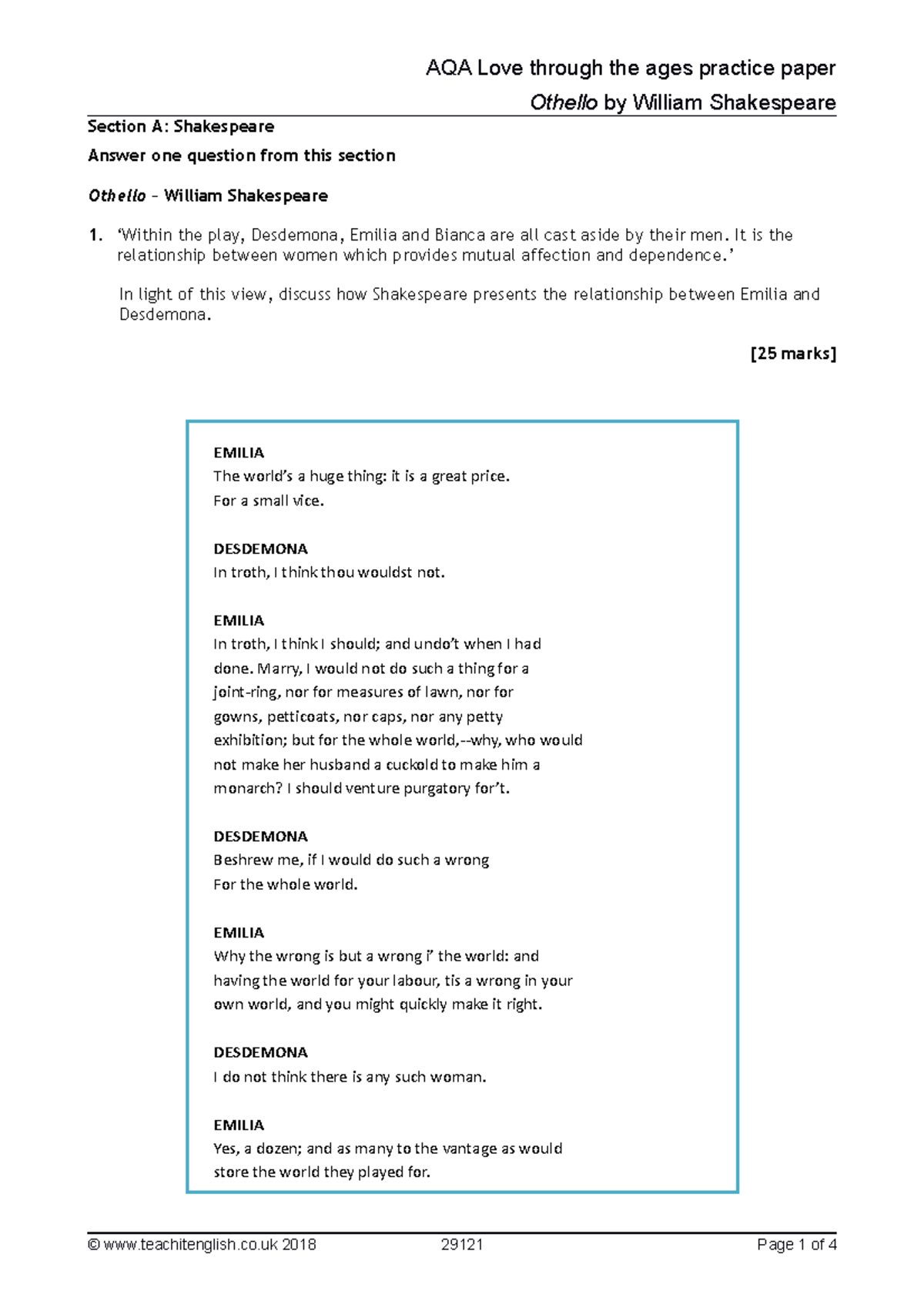 AQA A Level Literature Paper 1 Practice - Othello by William ...