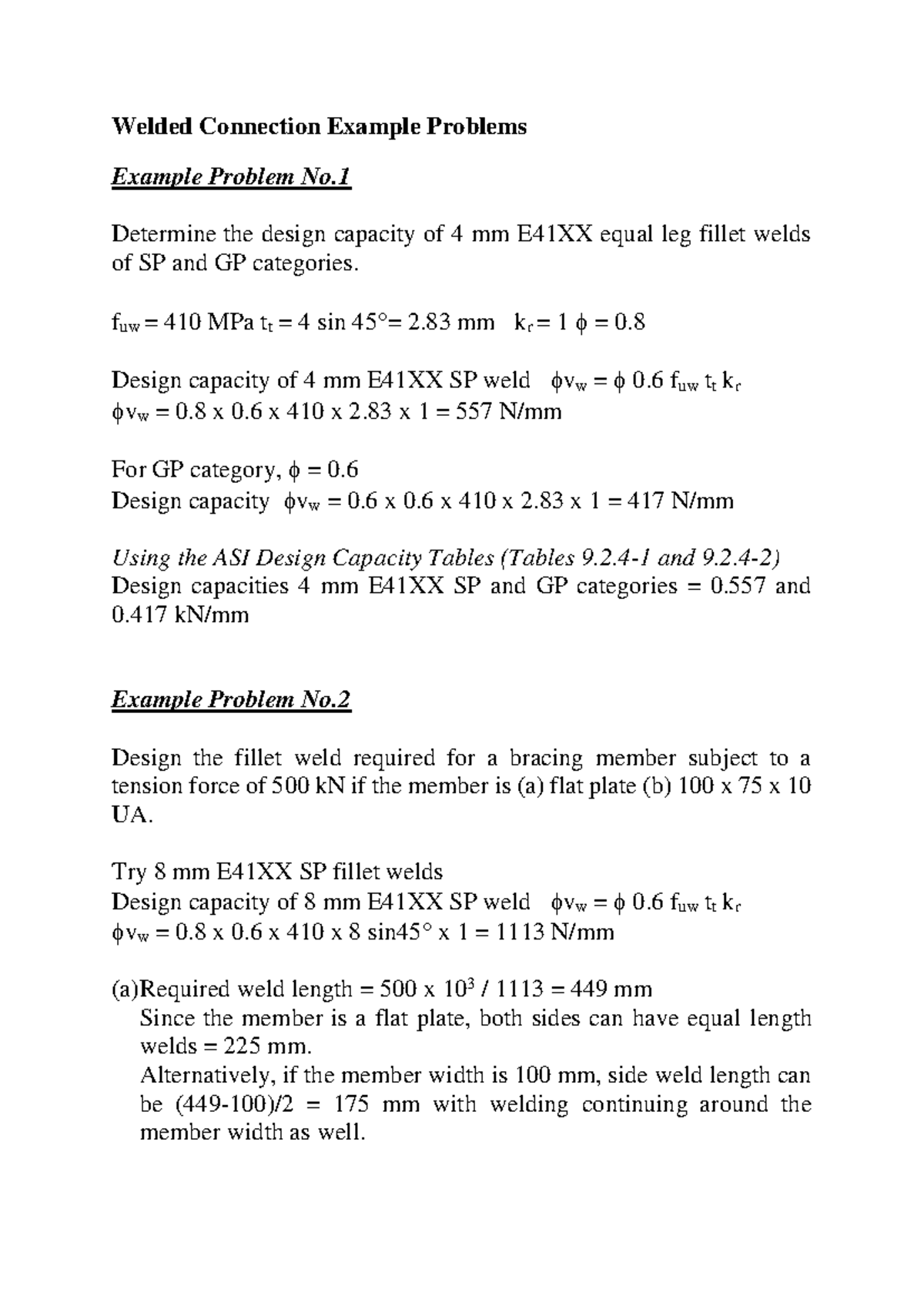Welded Connections Example Problems for E41XX SP Category - Studocu