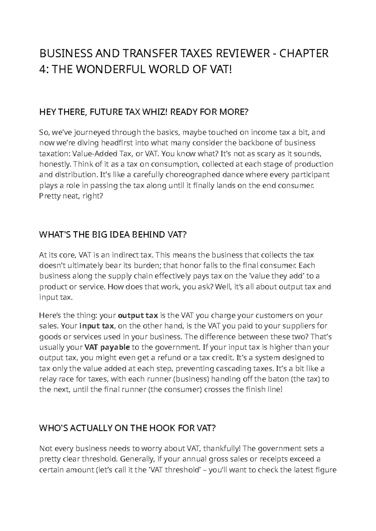 BUSINESS TAX 101: CHAPTER 4 - UNDERSTANDING VAT - Studocu