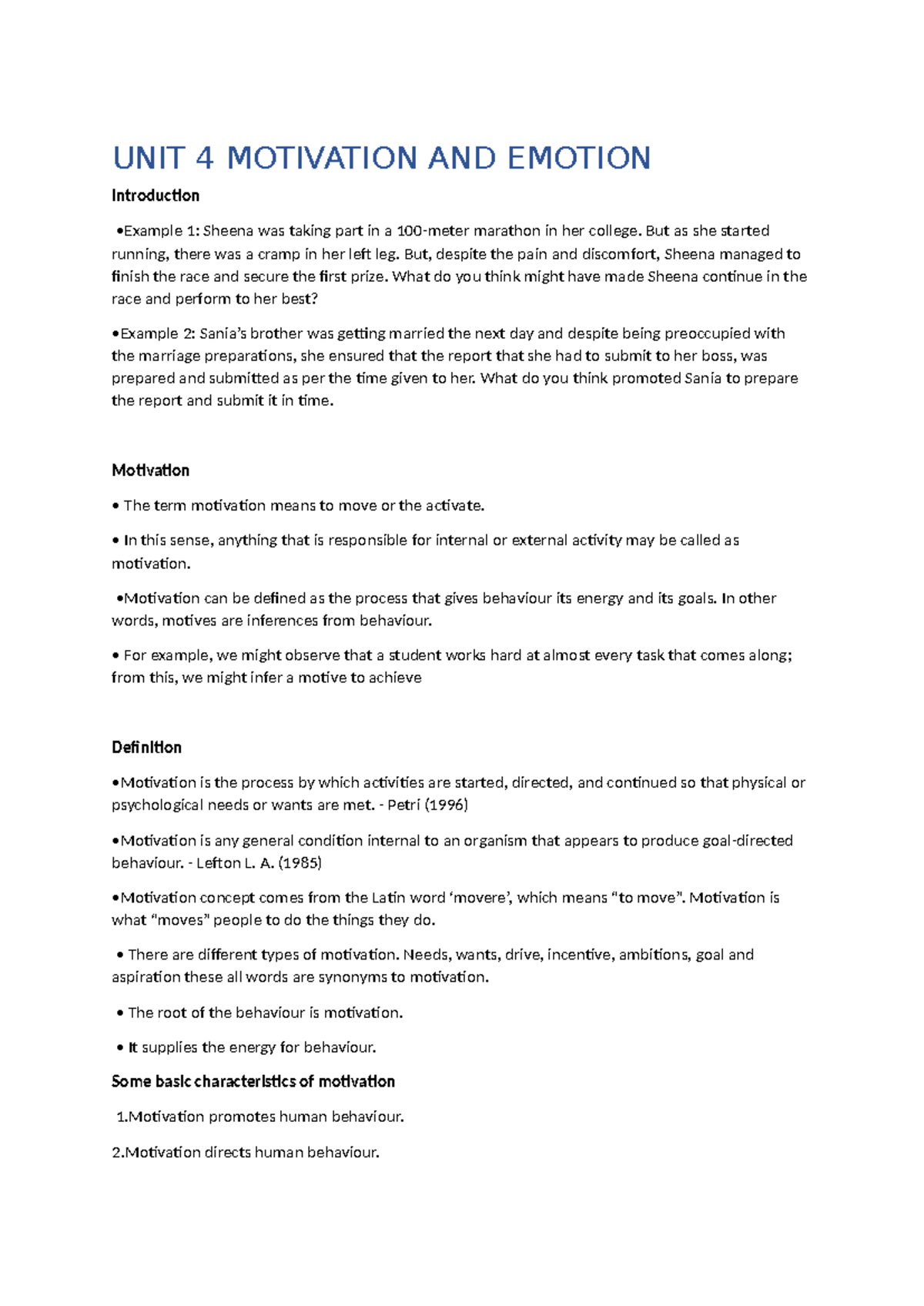 UNIT 4 Motivation and Emotion: Key Concepts and Theories - Studocu