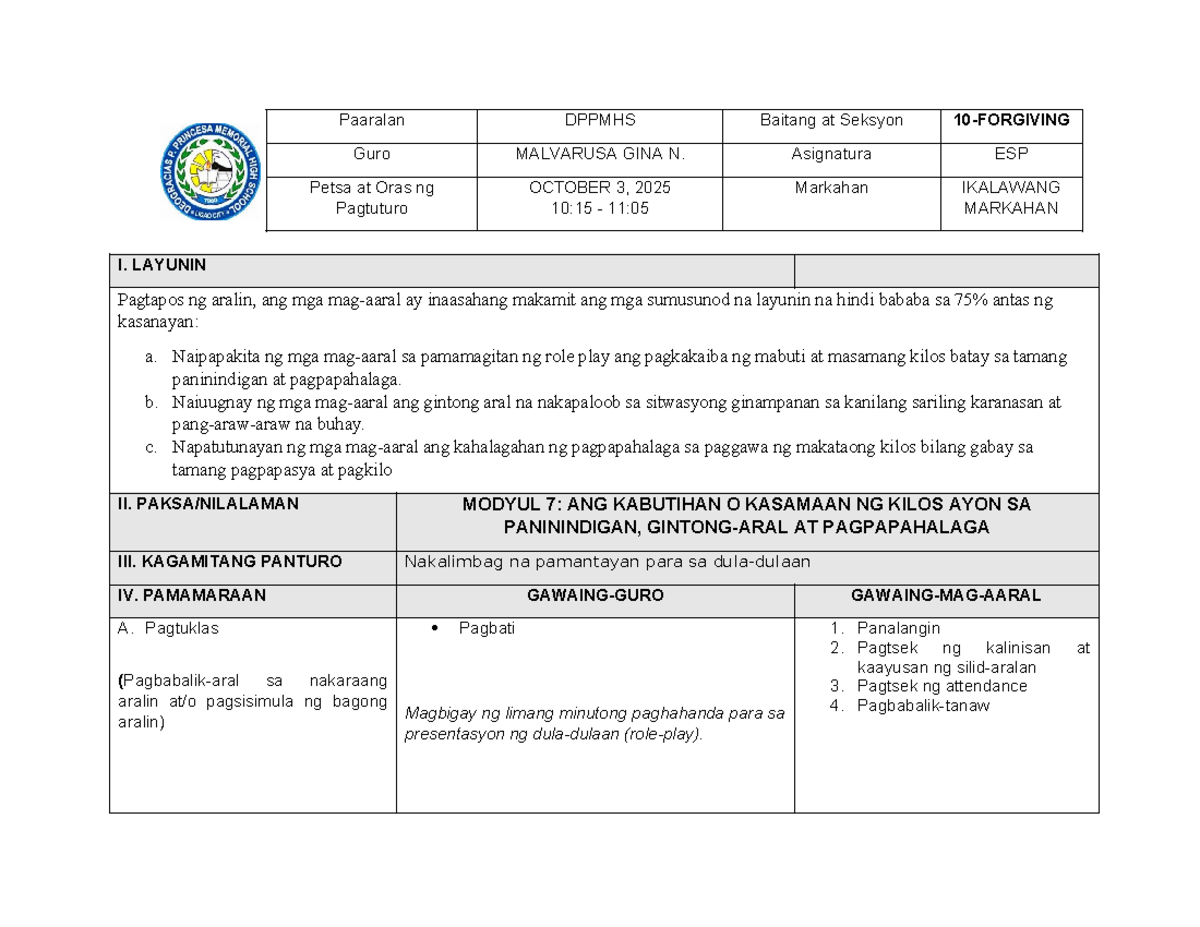 DLP-10: Lesson Plan on Forgiveness and Moral Values - Studocu