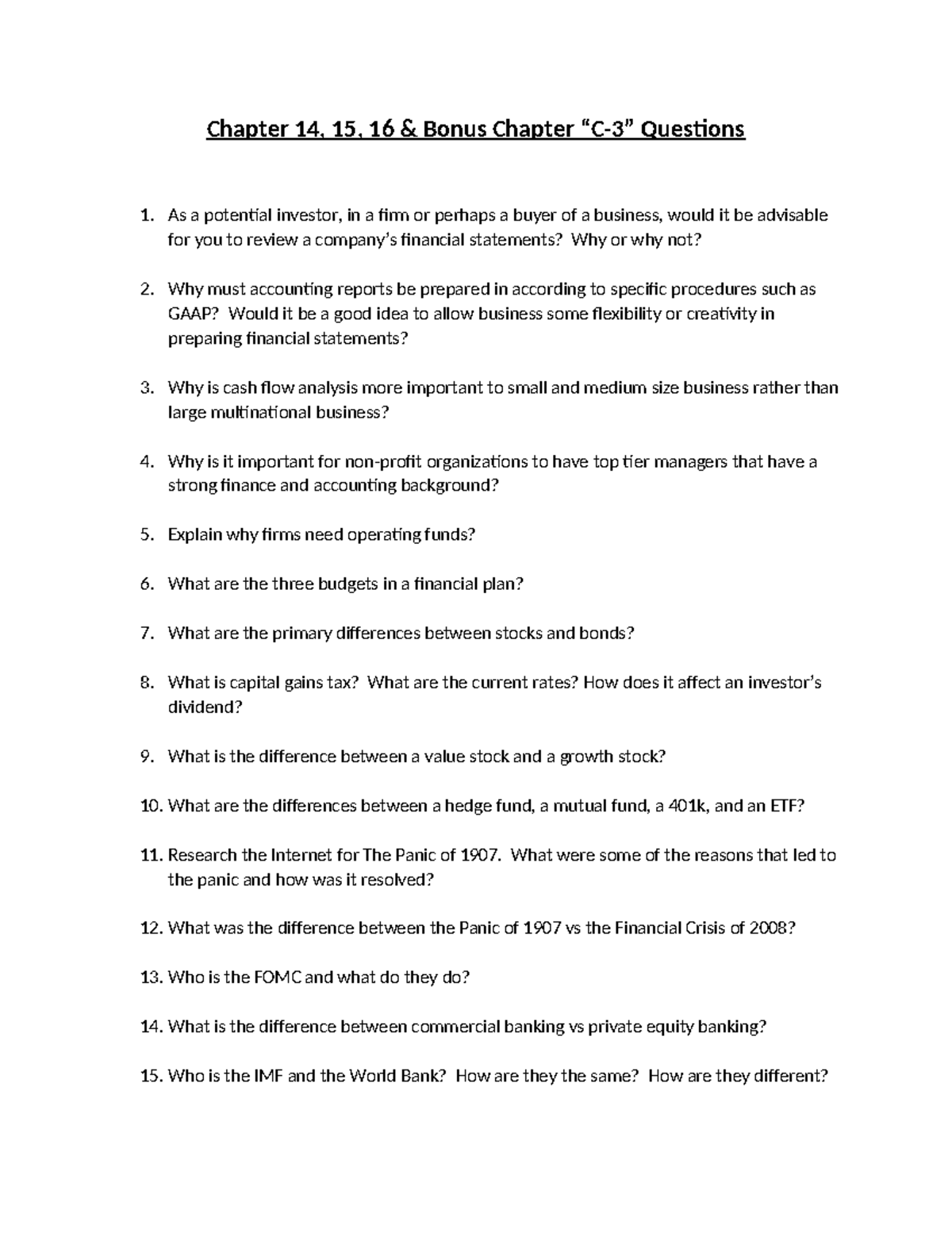 Chapter 14, 15, 16 & Bonus Questions for Finance Exam - Studocu
