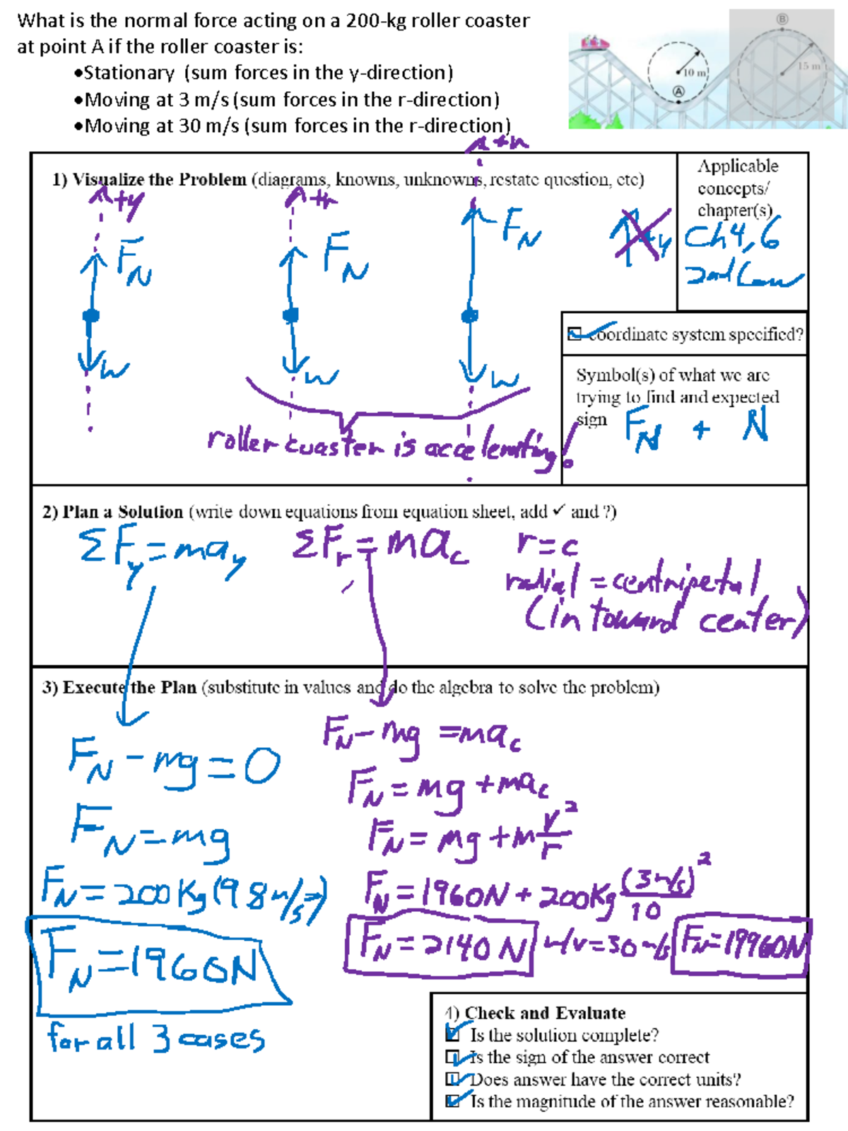 Solution 7.04 Problem 12 - PHY 111 - What is the normal force acting on a 200-kg roller coaster ...