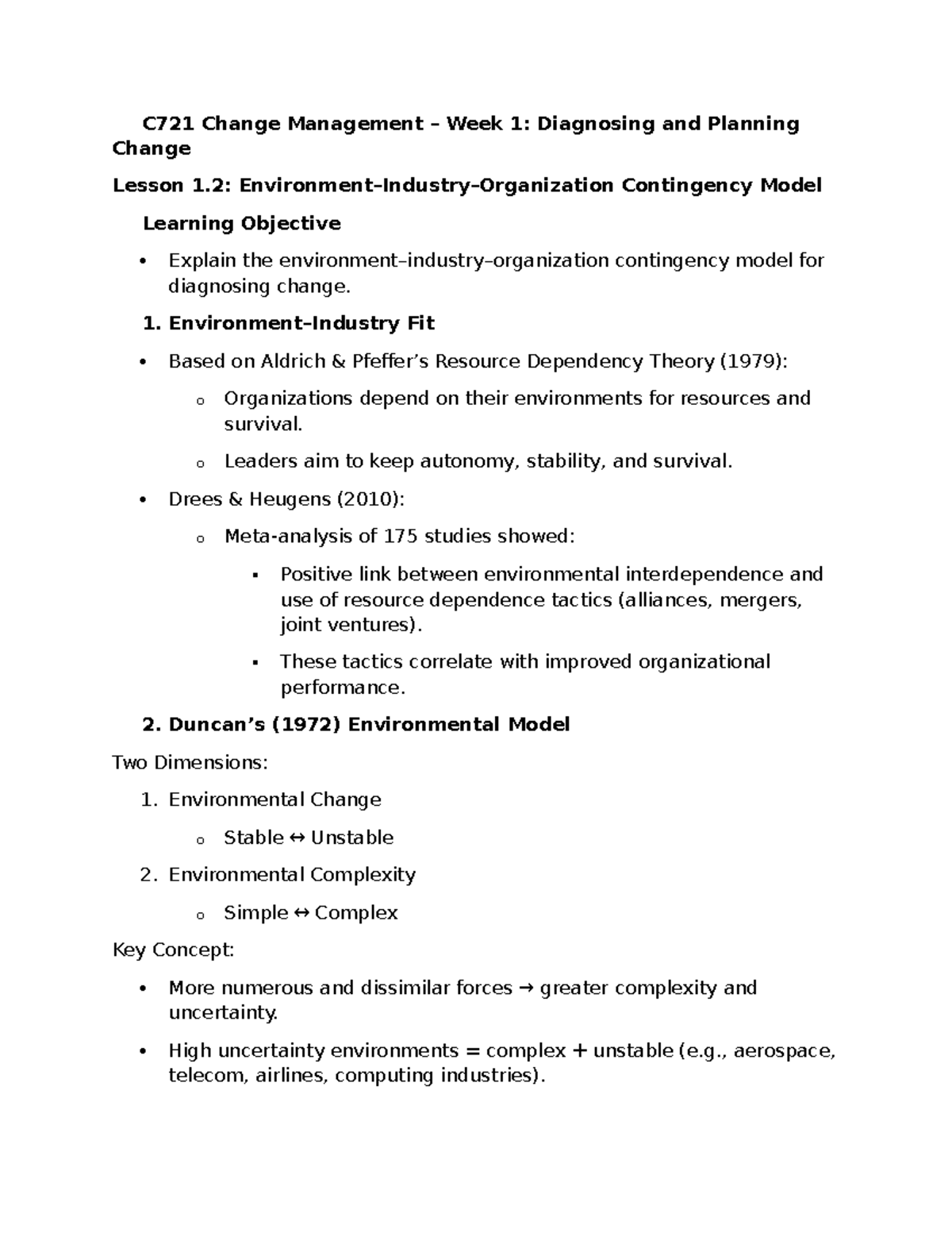 C721 Change Management Notes: Week 1 Contingency & Org Models - Studocu