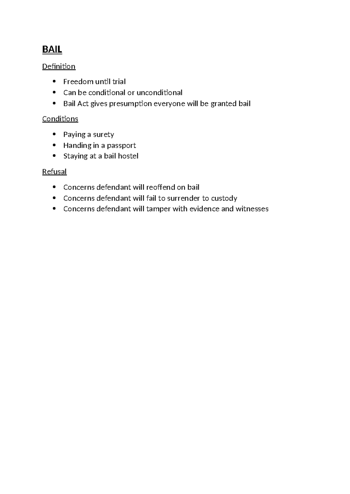 Bail - Notes - criminal law - BAIL Definition Freedom until trial Can ...