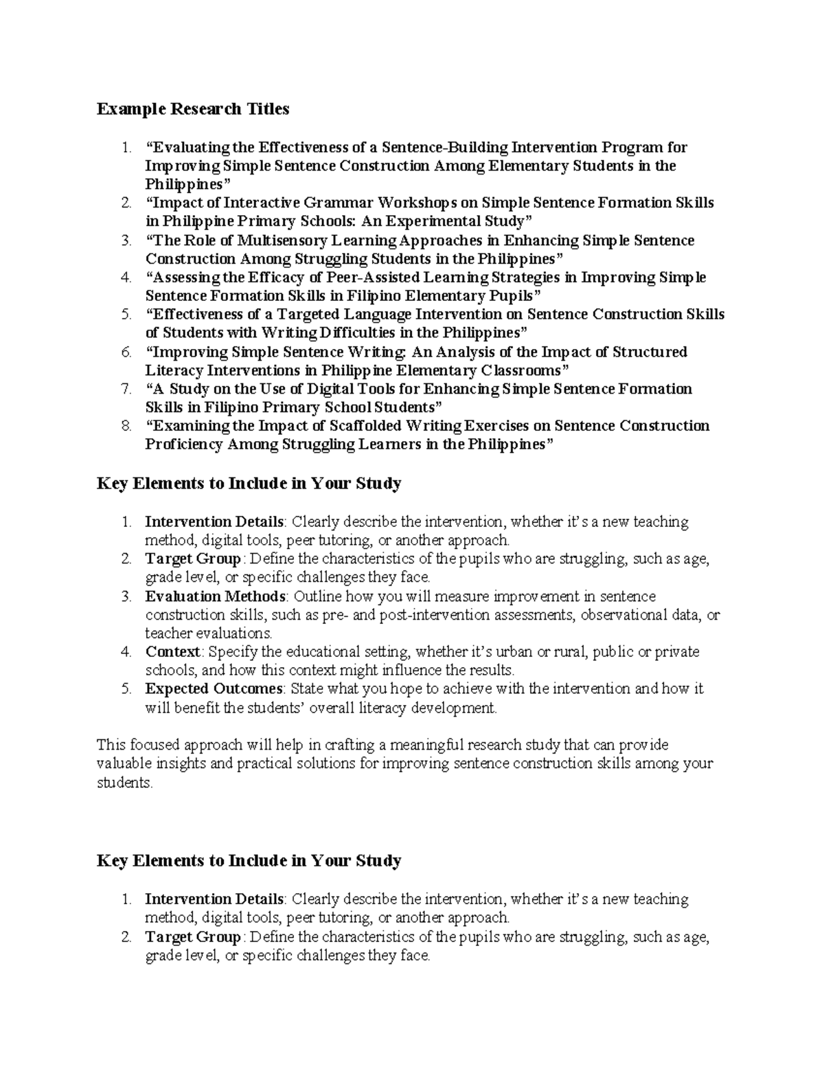 Research Titles on Sentence Construction and Intervention Strategies ...