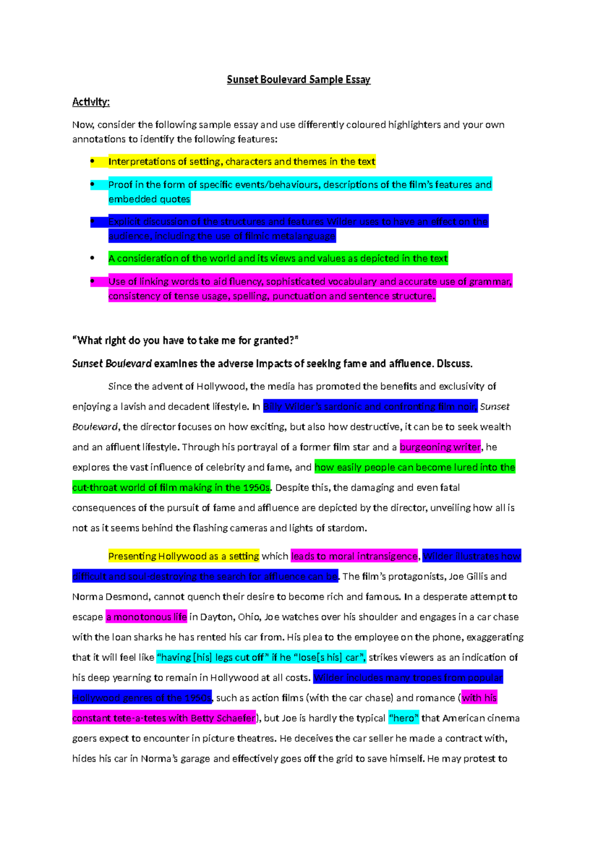 12ENG SB Sample Essay - Practice - Sunset Boulevard Sample Essay ...