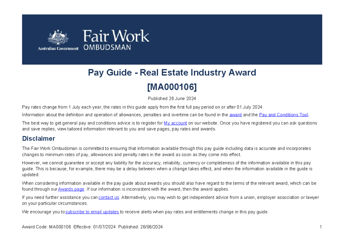 Pay Guide MA000106: Real Estate Industry Rates Effective 1 July 2024 ...