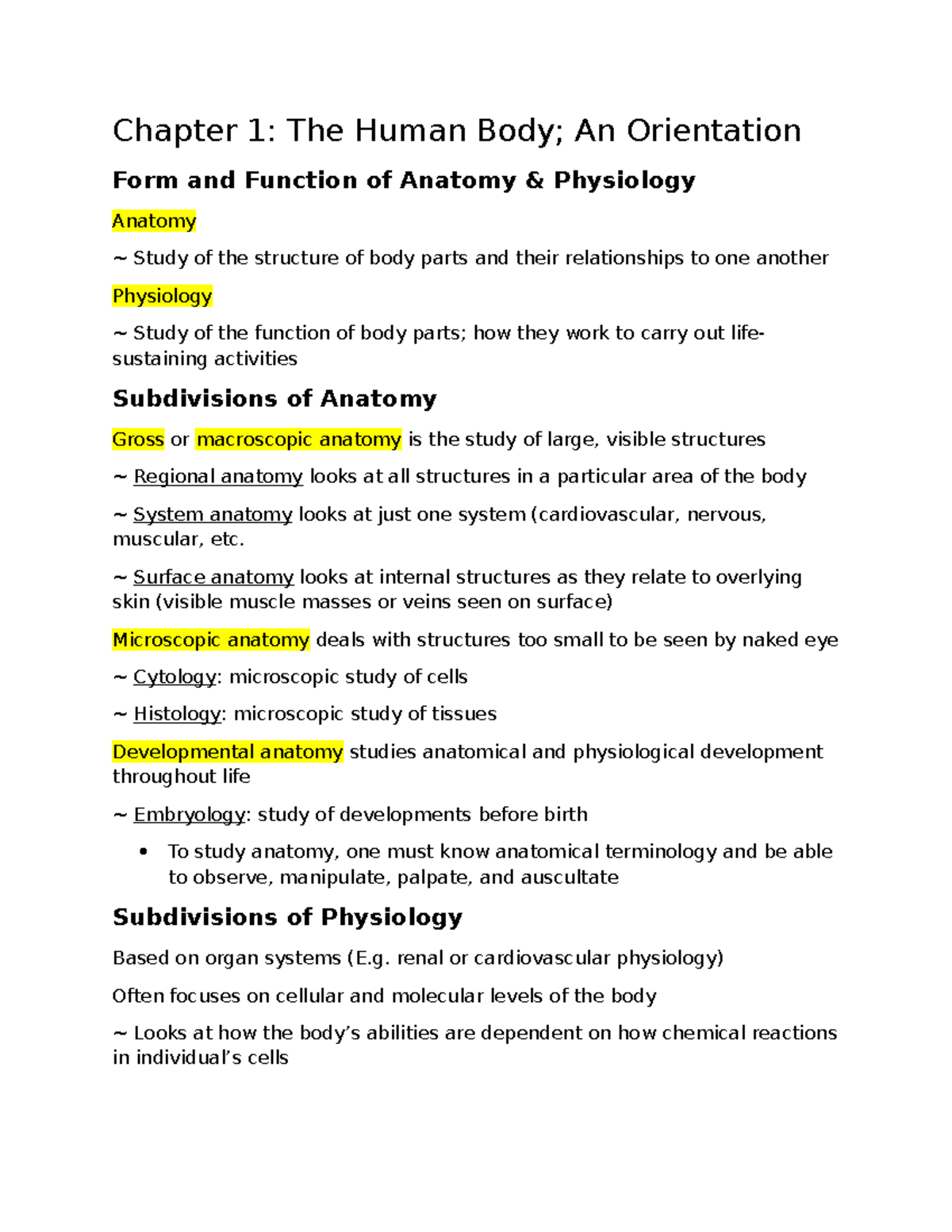 Human Body: Anatomy & Physiology Overview (Chapter 1) - Studocu