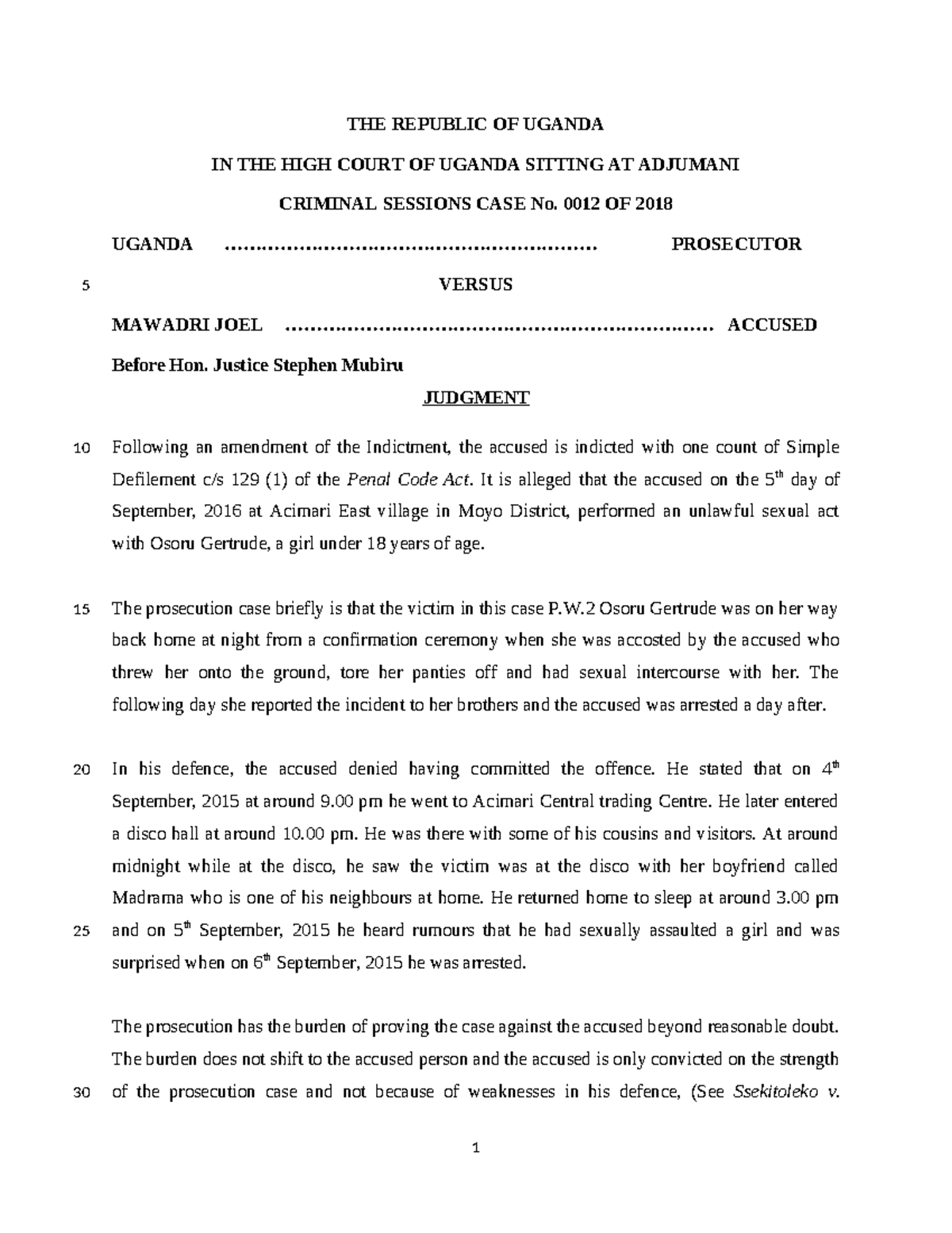 Uganda v. Mawadri Joel: High Court Judgment on Simple Defilement Case ...