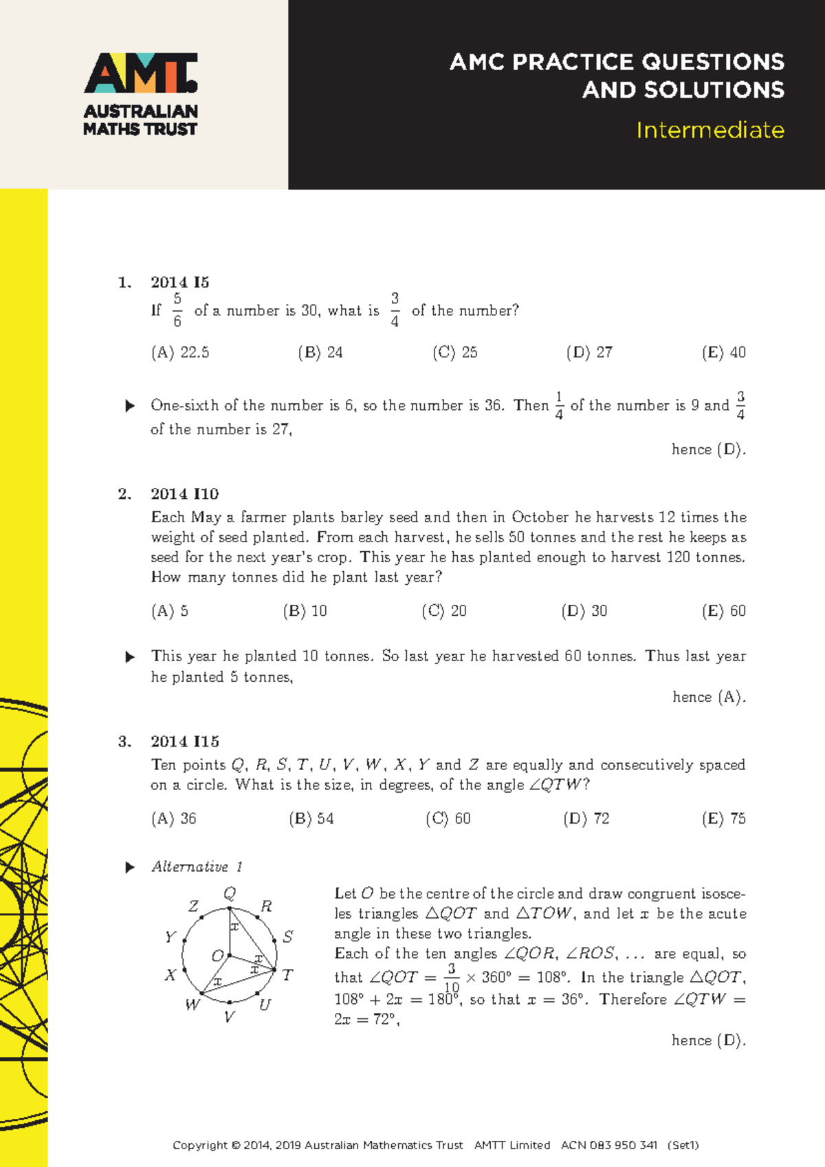 AMC practice problems solutions Set1 INT - 1. 2014 I If 5 6 of a number ...