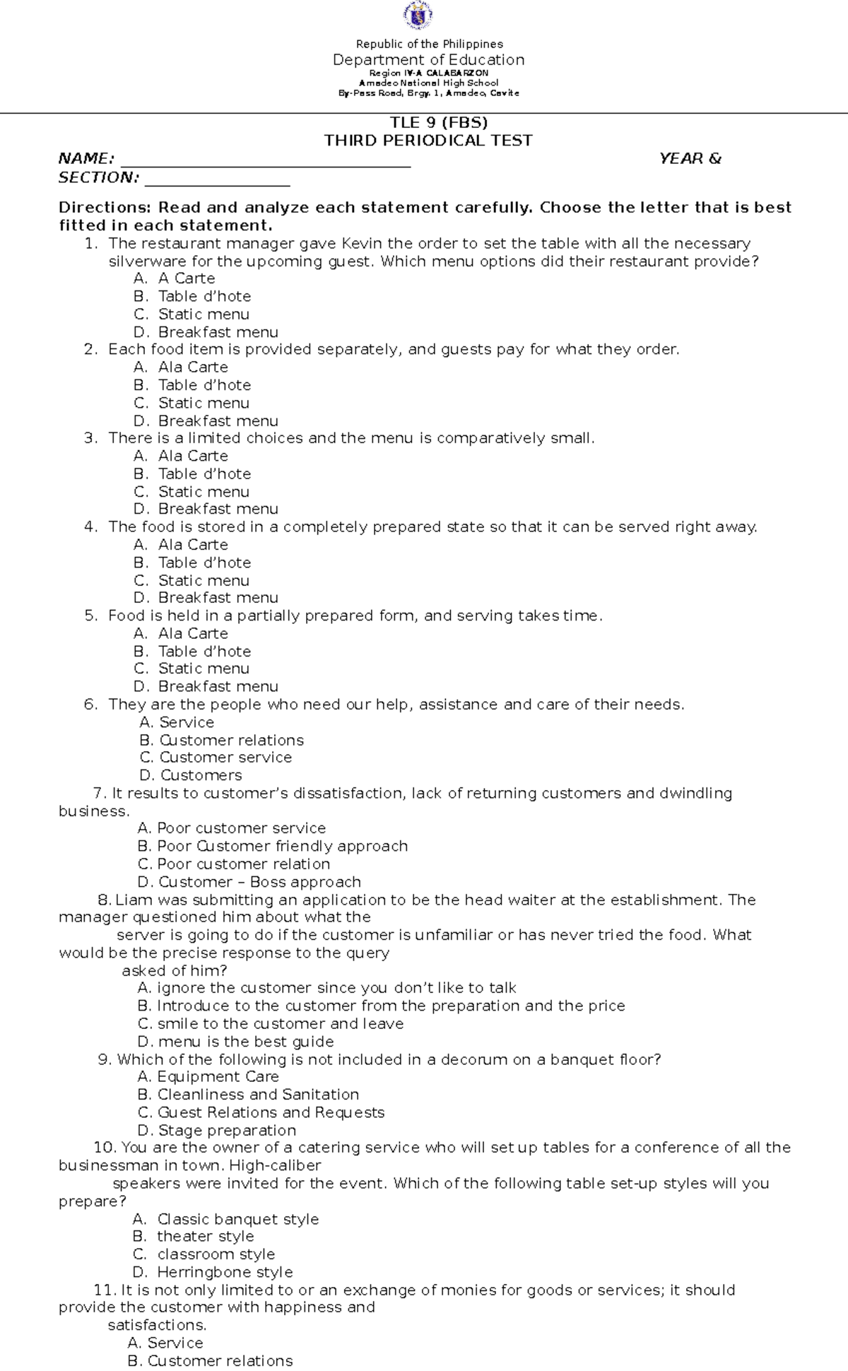 TLE 9 (FBS) Third Periodical Exam Review and Practice - Studocu