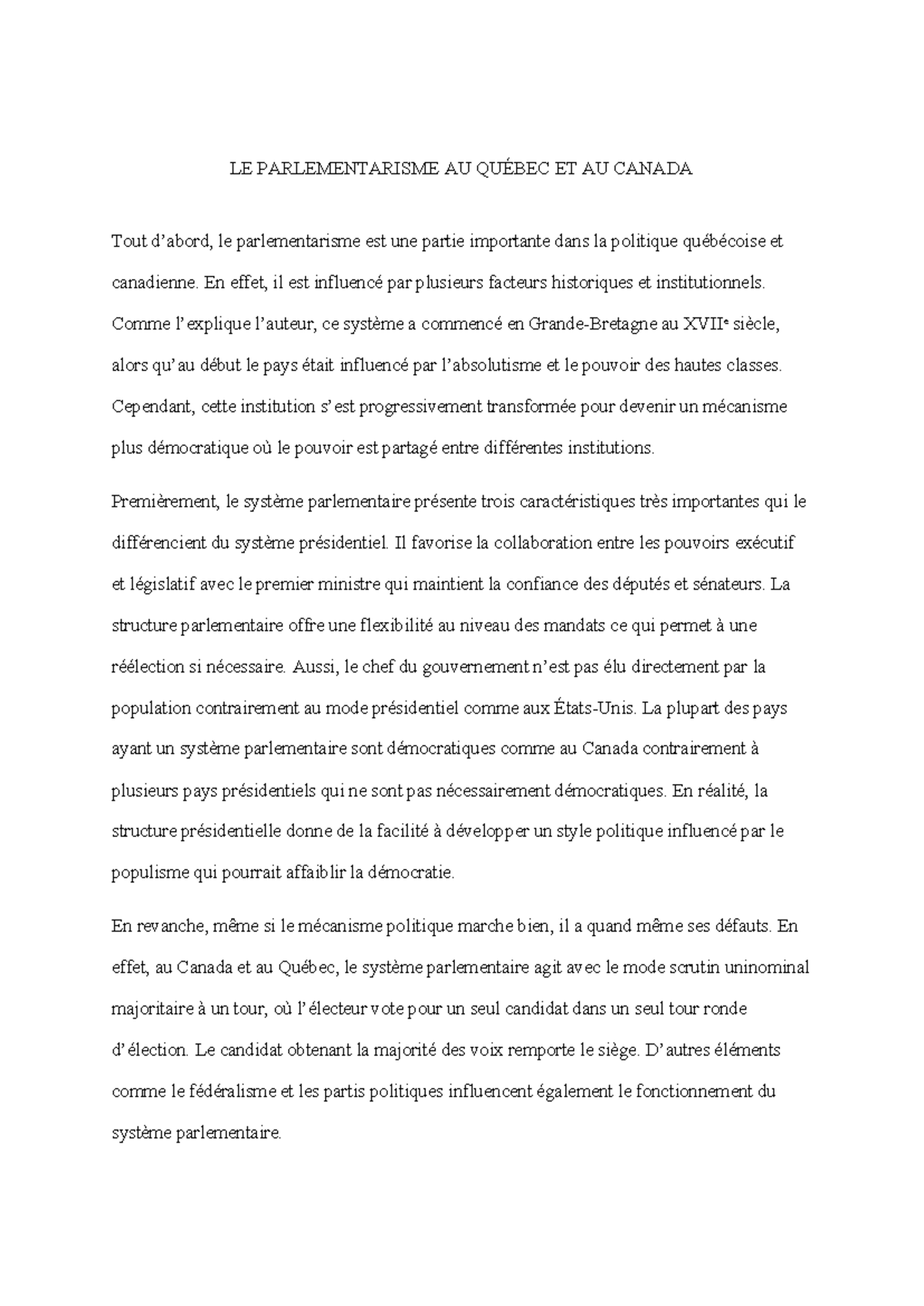 Note de cours 3 : Le parlementarisme au Québec et au Canada - Studocu
