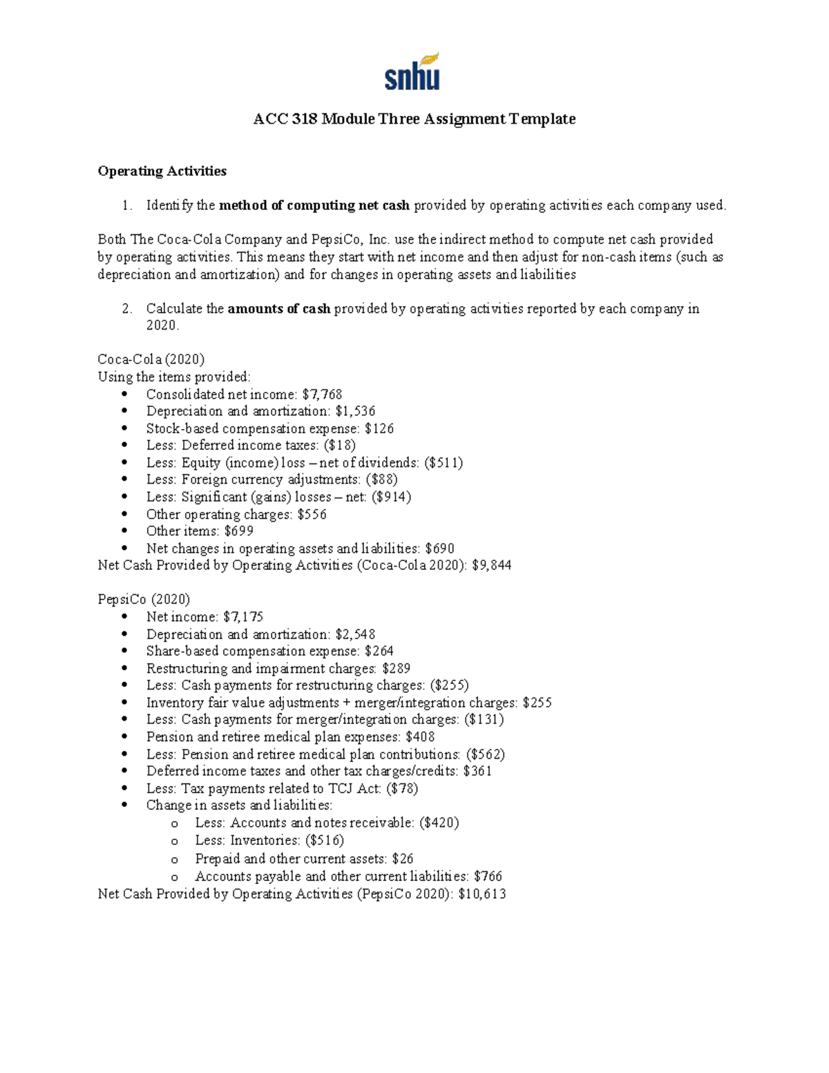 ACC 318 Module Three Assignment: Analyzing Operating Activities Cash ...