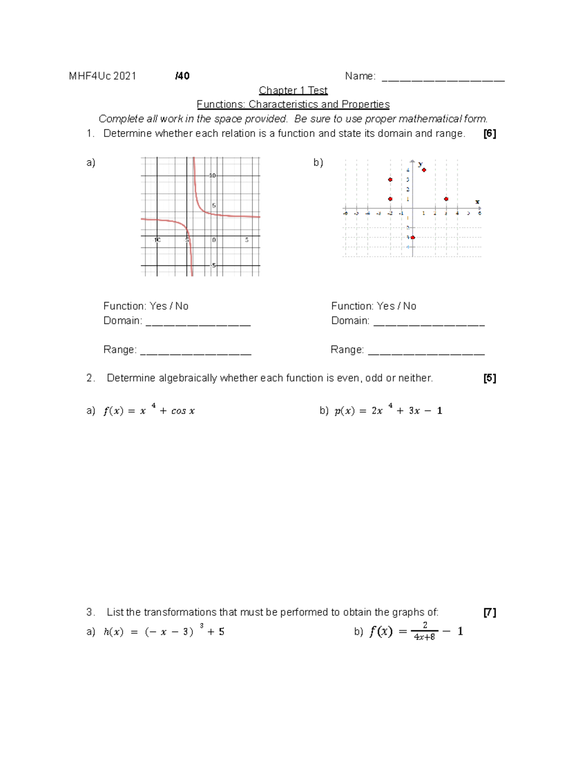 MHF4Uc Chapter 1 Test - Full solutions to questions - MHF4Uc 2021 /40 ...