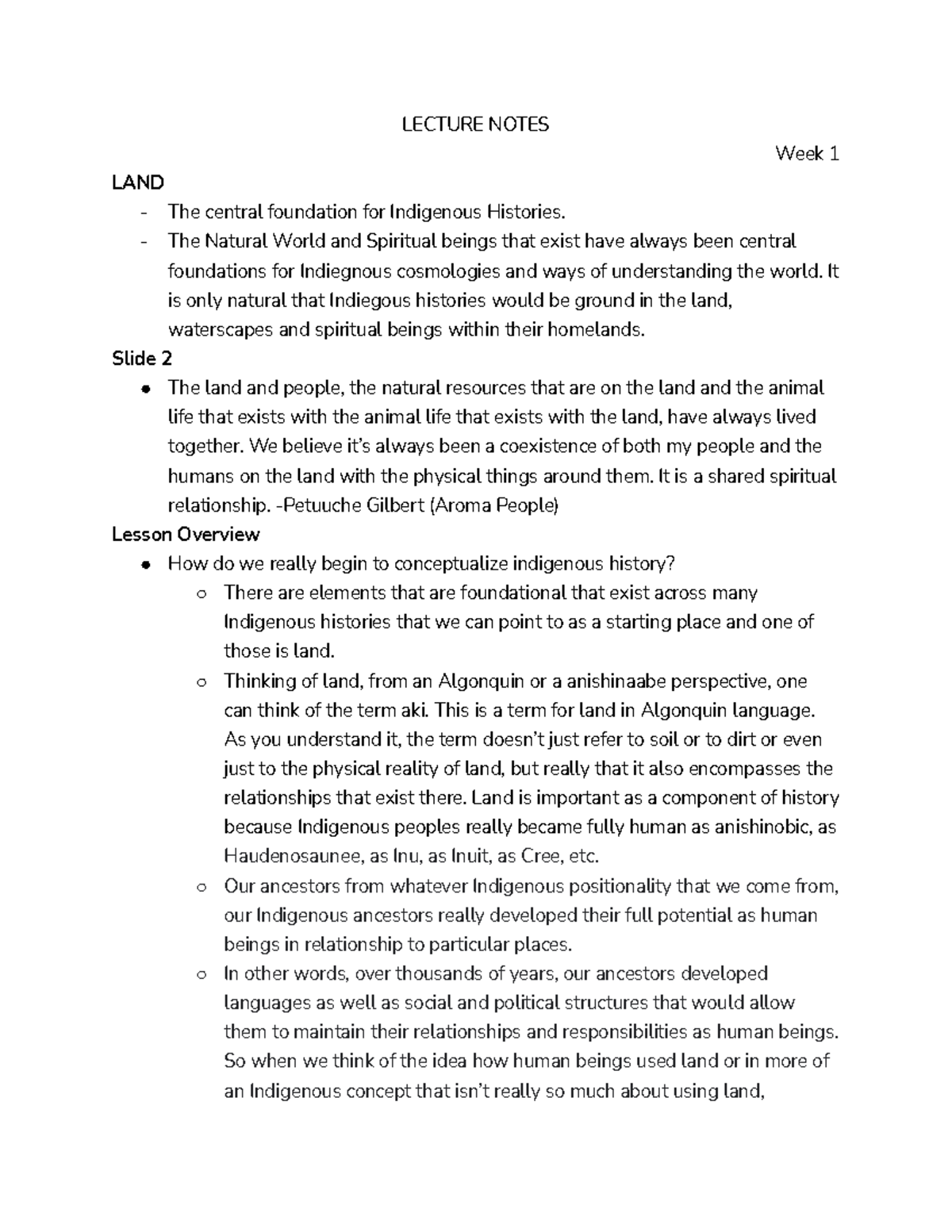 INDG 2306 Lecture Notes - LECTURE NOTES Week 1 LAND The central ...