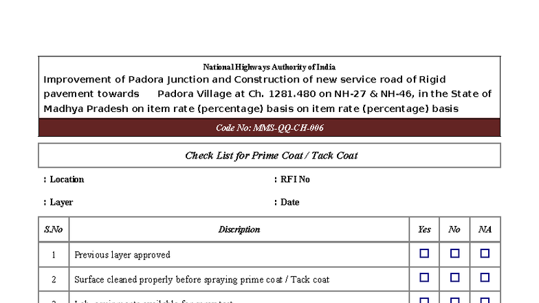 MMS QQ CH 006 - Checklist for Prime Coat & Tack Coat Testing - Studocu