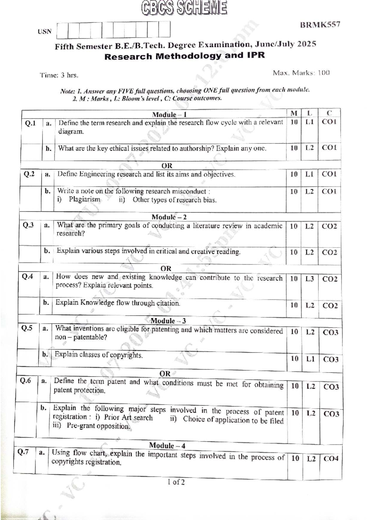 BRMK557 Research Methodology & IPR - Fifth Sem Exam 2025 - Studocu