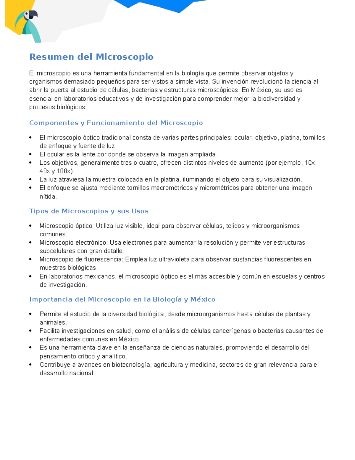 Resumen del Microscopio: Importancia y Tipos en Biología - Studocu