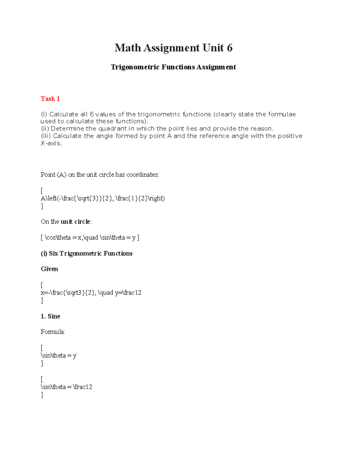 Math Assignment Unit 6: Trigonometric Functions & Calculations - Studocu