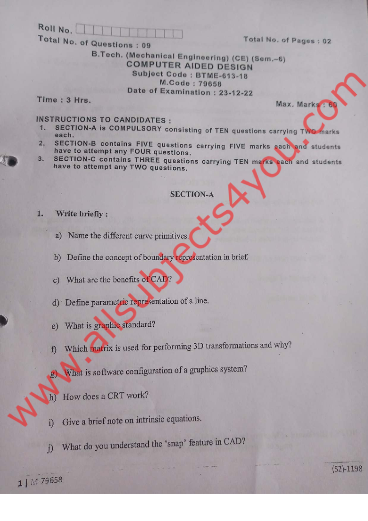 B.Tech. CAD Exam Questions (M.Code: 79658) - 23 Dec 2022 - Studocu