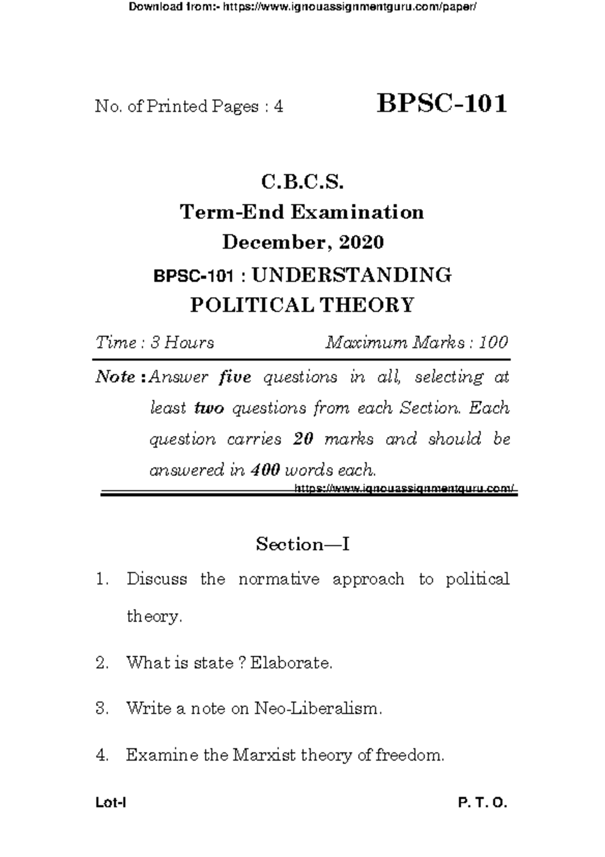 BPSC 101 DEC 2020 paper ignouassignmentguru - Lot-I P. T. O. No. of ...