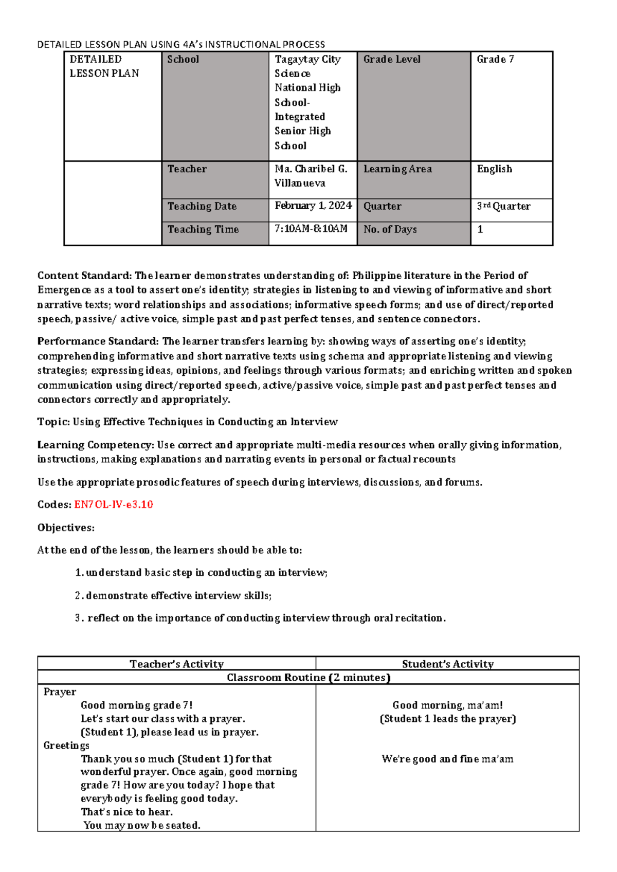 Detailed Lesson Plan in English for Grade 7 (EN7OL-IV-e3) - Studocu