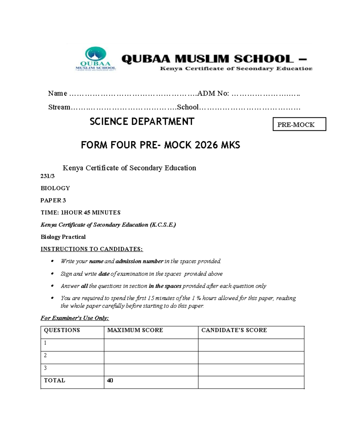 F4 BIOLOGY PAPER 3 MOCK 2026 MKS - K.C.S.E. Practical Exam - Studocu